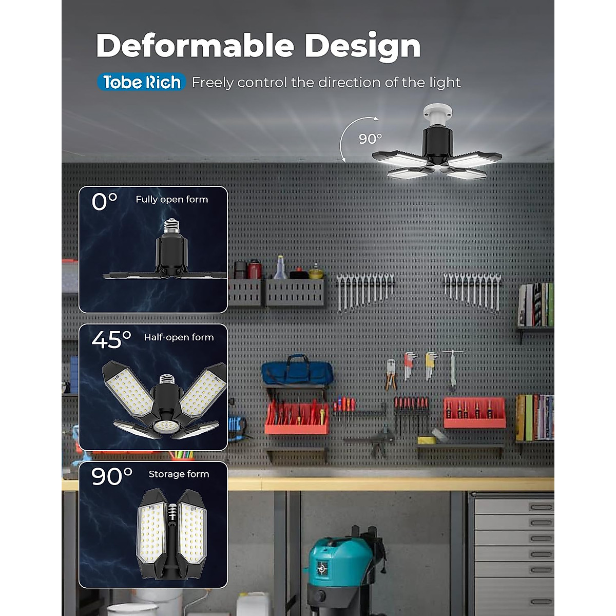 toberich LED Garage Light Bulb - 120W 12000LM Shop Lights with 4+1 Deformable Panels, 6500K Screw in Ceiling Lights for Garage, Workshop, Workbench, Basement (1 Pack)