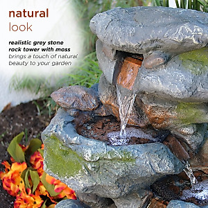 Alpine Corporation WIN582 Tall Outdoor 3-Tier Rock Waterfall Fountain with LED Lights, 15"L x 13"W x 22"H, Gray/Beige