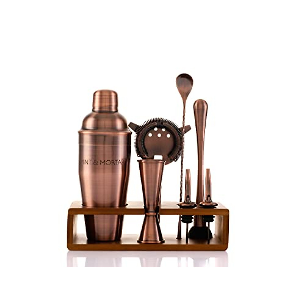 Mint & Mortar Cocktail Shaker Set, 7-Piece Bartender Kit with Stand, 24oz Martini Shaker Bottle Stainless Steel Bar Tools, Home Bar Accessories Drink Mixer, Barware Gift Set - Brushed Copper