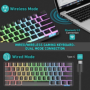 Mini Wireless 60% Dual Mode BT5.0/USB-C Wired Mechanical Gaming Keyboard with Pudding Keycaps Rainbow Backlit Ergonomic Rechargeable Anti-ghosting 61Key for PC Typist Mac Gamer(Black PBT/Red Switch)