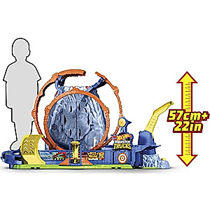 Hot Wheels Monster Trucks T-Rex Volcano Playset with 1:64 Scale Race Ace Toy Truck & 1 Toy Car, Track Set with Dinosaur Nemesis