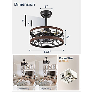 LEDIARY 16.5in Caged Ceiling Fan with Light, Bladeless Industrial Ceiling Fan with Remote, Rustic Metal Fan Lights Ceiling Fixtures for Kitchen, Farmhouse, Bedroom（6 Speed,1/2/4/8h Timing）-Walnut