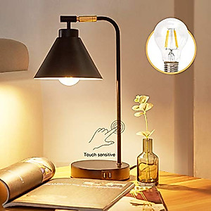 Industrial Black Bedroom Table Lamp, Dimmable Touch Control Bedside Lamp with 2 USB Charging Ports and AC Outlet, Nightstand Reading Lamp with Metal Flexible Head for Living Room Office, Bulb Included