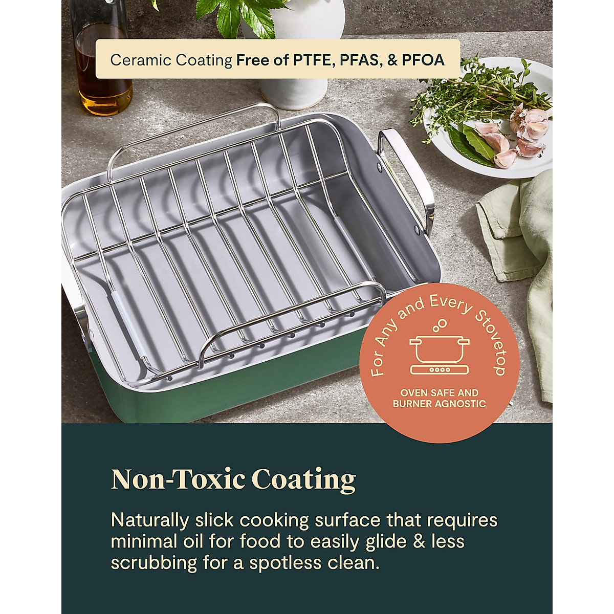 Caraway Roasting Pan - 16x13” Roasting Pan with Rack - Non-Stick Ceramic Coated - Non Toxic, PTFE & PFOA Free - Oven Safe & Compatible with All Stovetops - Cream