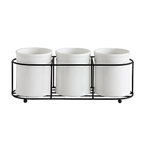 Creative Co-Op Farmhouse Ceramic Crocks in Metal Holder, White and Black