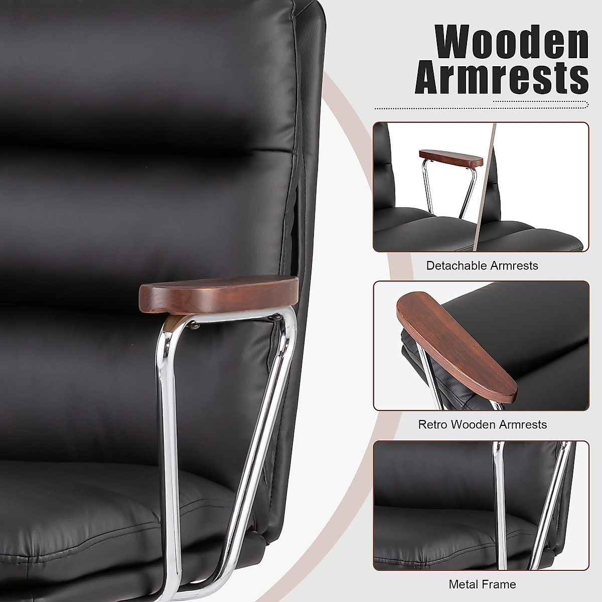 Okeysen Leather Office Chair, Modern Desk Chair with Removable Wooden Armrests, Ergonomic Mid-Back Conference Room Chairs with Wheels, Adjustable Swivel Rolling Chair for Home Office.