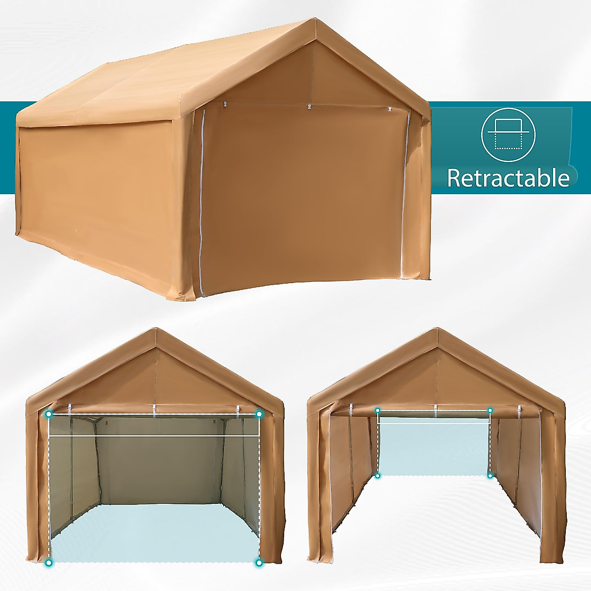 PHI VILLA 10x20 ft Heavy Duty Carport Car Canopy Garage Extra Storage Shelter Boat Party Tents Shed with Removable Sidewalls and Doors, Beige