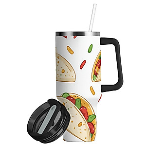Selerdon 40 oz Tumbler Taco White with Handle and Straw Lid Vacuum Stainless Steel Insulated Water Bottle Travel Mug Car Cup Holder Friendly BPA Free for Gym Travel Office