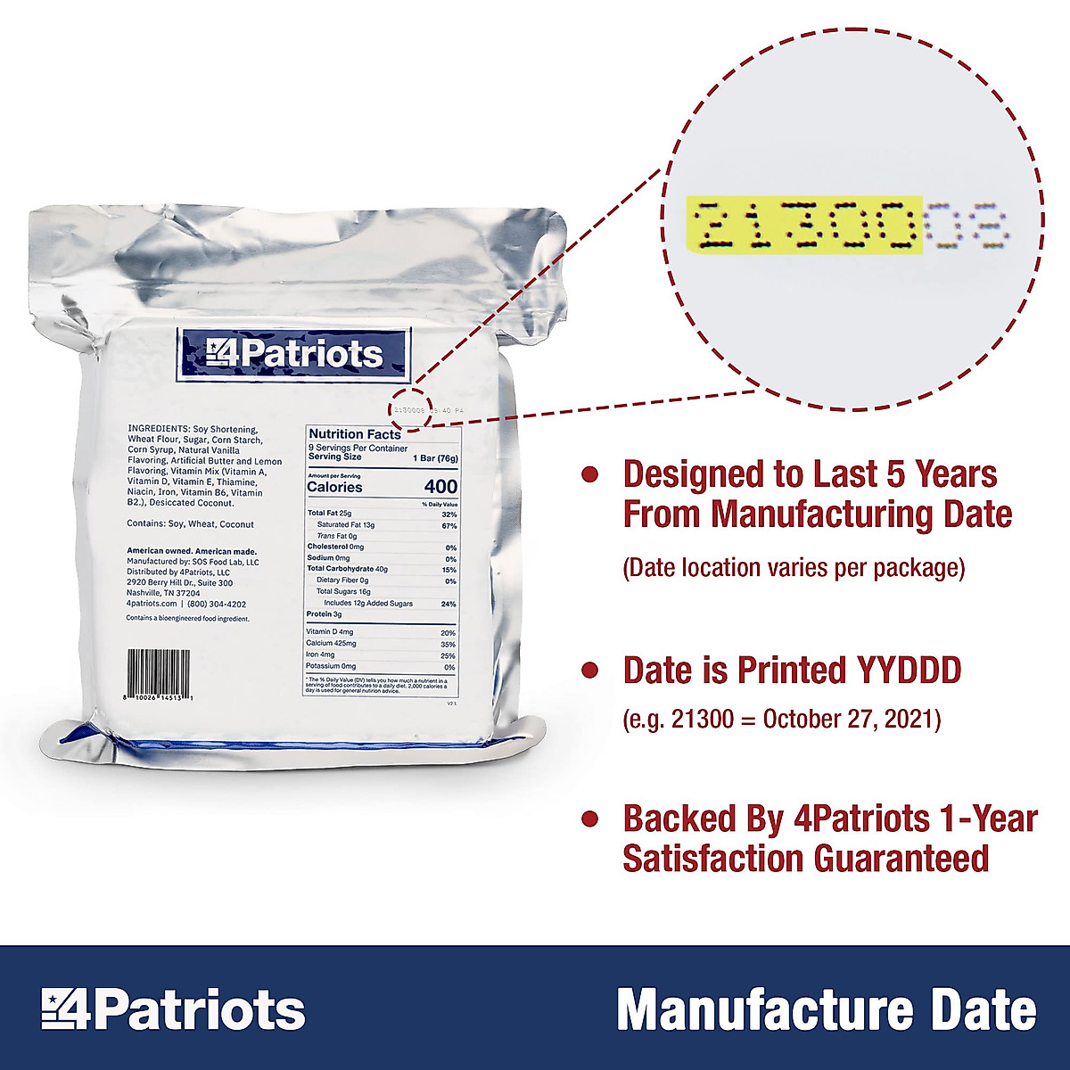 4Patriots Emergency Food Bars: Non-Perishable S.O.S Rations Designed to Last 5 Years - 3,600 Total Calories - 1 Pack of 9 Lemon-Flavored Survival Bars for Emergencies, Camping, or Hiking