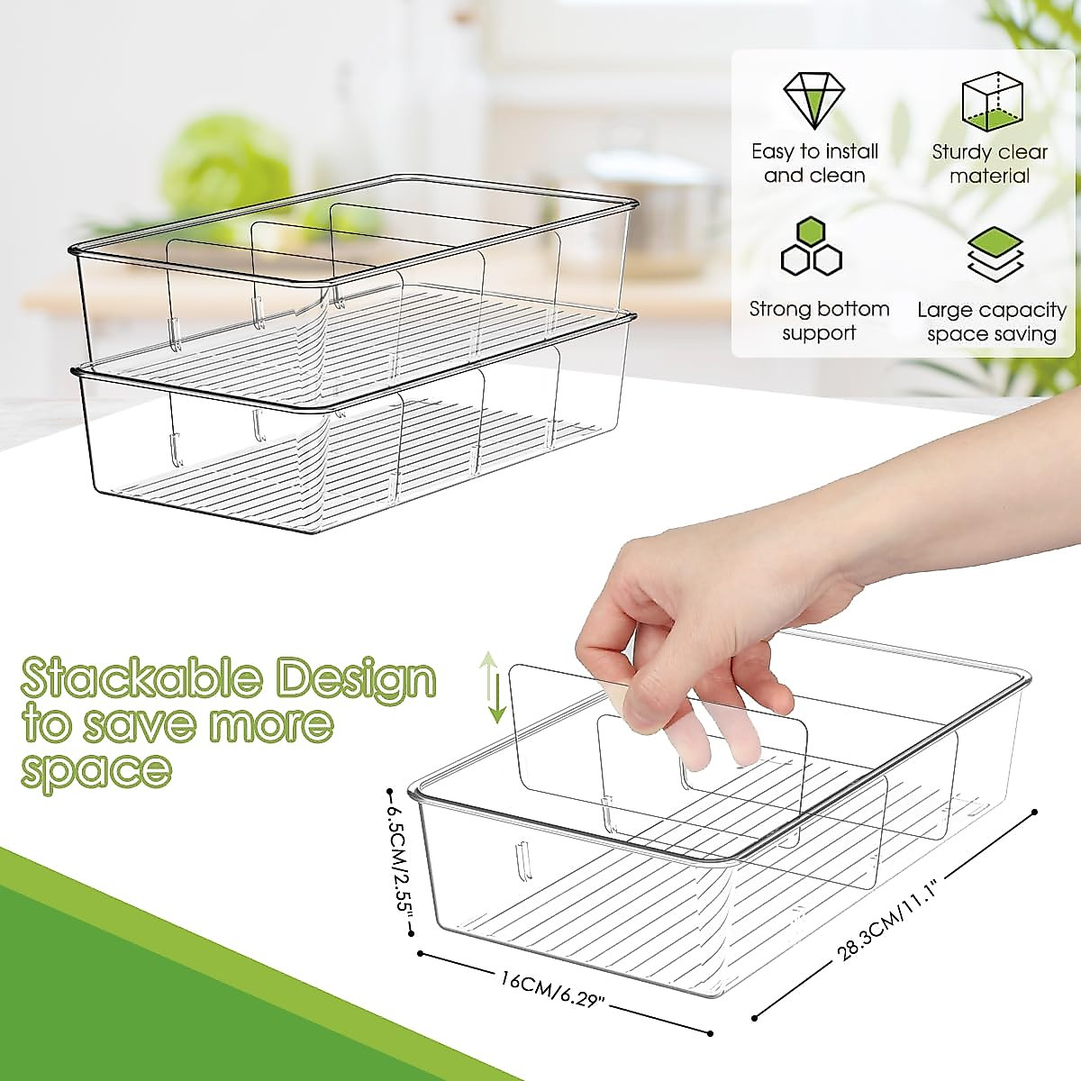 ZIZOTI 2 Packs Clear Pantry Organizer Storage Bins, Removable Snack Organizer Pantry Organization Storage Racks with 3 Dividers, Perfect for Snacks, Packets, Spices, Kitchen, Cabinets