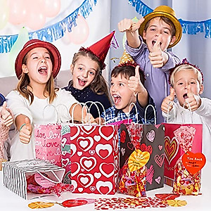 AKEROCK Valentines Day Gift Bags for Kids, 18 Pcs Paper Bags with Handles & 18 Pcs Cellophane Bags with Twist Ties & 18 Pcs Heart Shaped Cards, Valentine Bags bulk for Candy & Treat