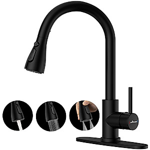APPASO Black Kitchen Faucet with Pull Down Sprayer, 3-Mode Sprayer Kitchen Sink Faucet, 1 or 3-Hole Single Handle High Arc Stainless Steel Kitchen Faucet Black with Deck Plate, Matte Black