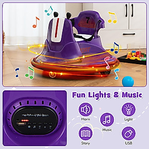 Costzon 12V Kids Ride On Bumper Car, Electric Bumper Car w/Dual Joysticks, Remote Control, 360° Spin, Slow Start Function, LED Lights & Fun Music, Adjustable Safety Belt, Soft Bumper (Purple)