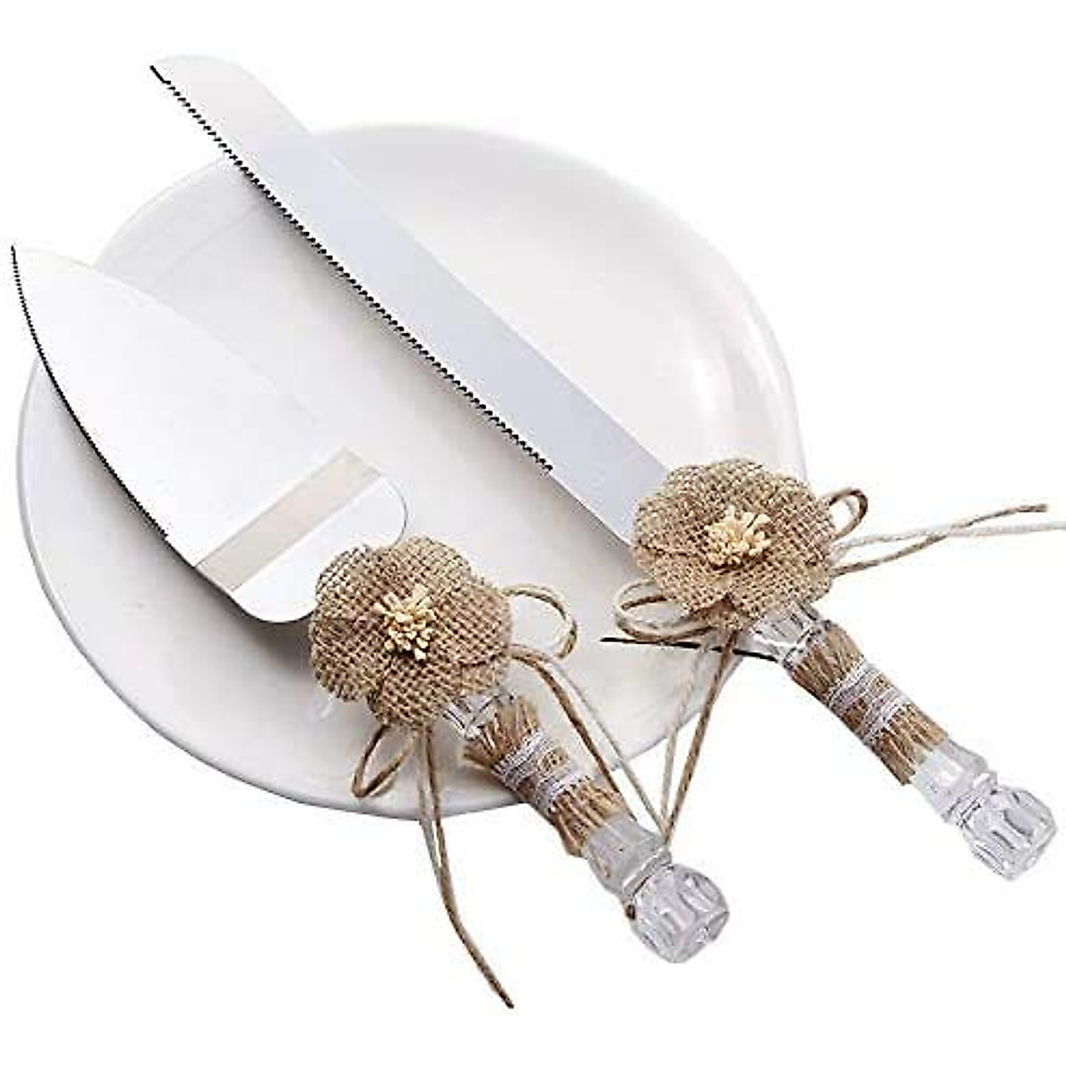 TANG SONG Set of 2 Rustic Wedding Cake Knife and Serving Set with Burlap Flower and Lace Wedding Cake Knife (Set of 2)