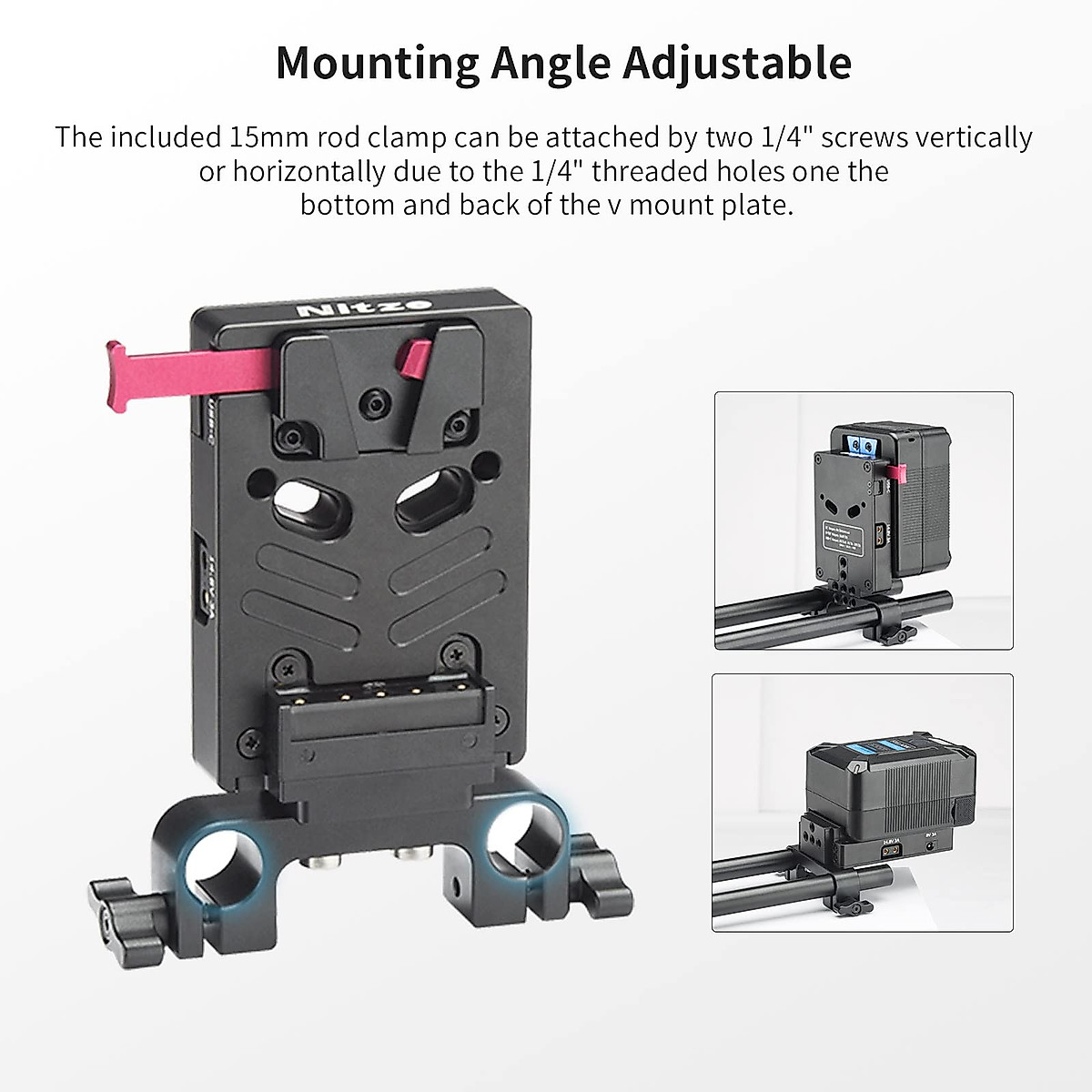 Nitze V Mount Battery Plate, V Mount Plate with 15mm Rod Clamp, 8V/3A DC, 14.8V/3A D-tap and PD 3.0 USB-C Output Ports - N21-D7