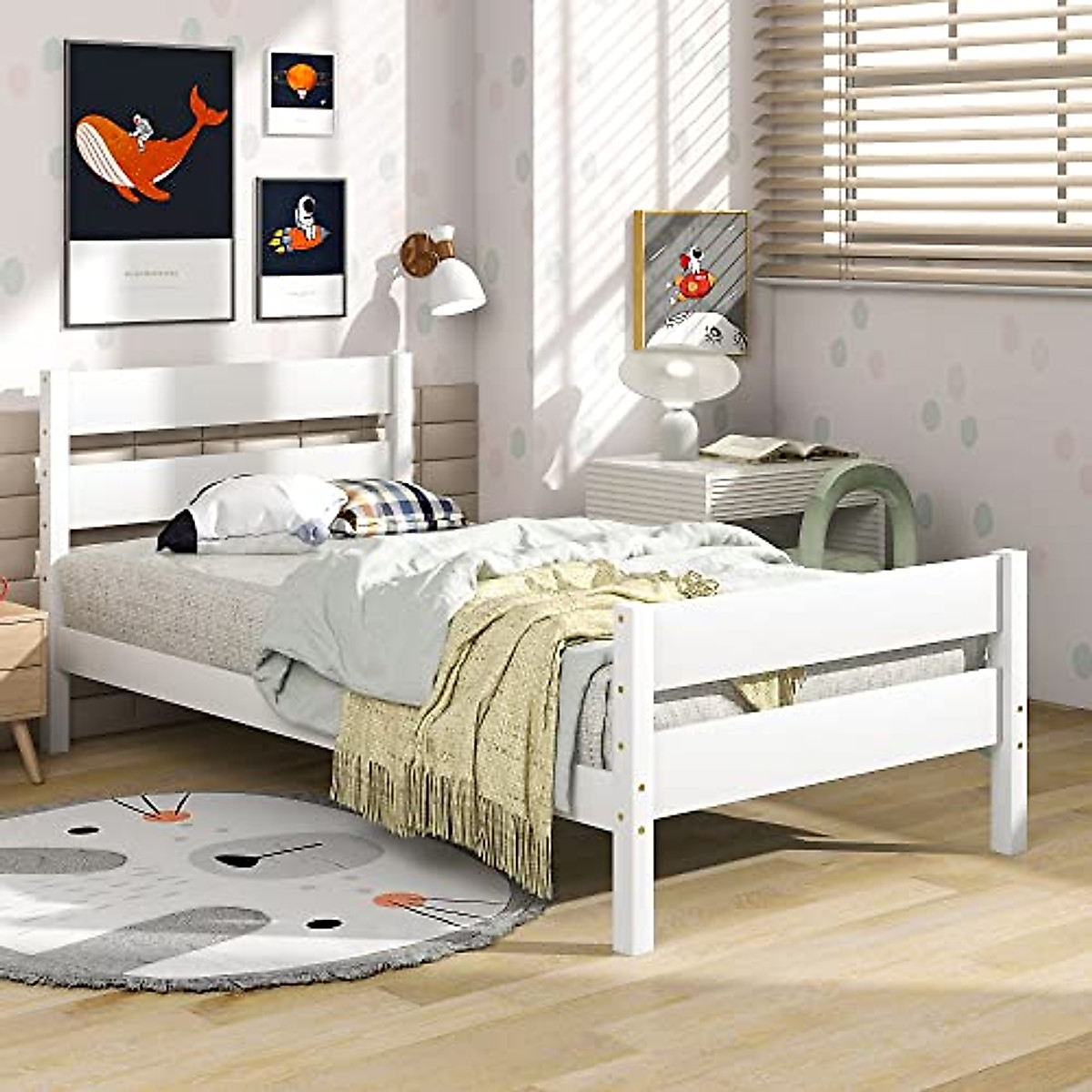LCH Twin Bed Frames, Wood Twin Bed Frame with Headboard and Footboard Kids Bed Frame,Twin Wooden Bedframes Platform with Storage for Girls Boy No Box Spring Needed (White)