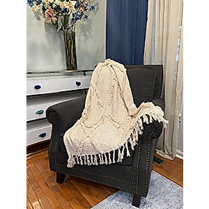 LR Home Soft Luxury Handmade Boho Farmhouse Diamond Throw Blanket with Fringe, 50" x 60", Natural