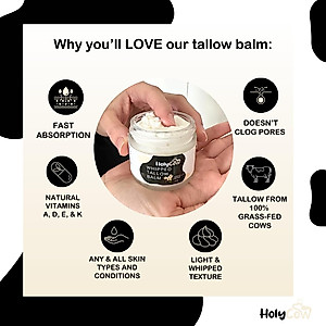 Beef Tallow For Skin - Whipped Tallow Balm with Organic Jojoba Oil, Grass Fed Beef Tallow Face Moisturizer for Eczema, Baby, Lip Balm - Lotion For Extremely Dry Skin (Vanilla Bean)
