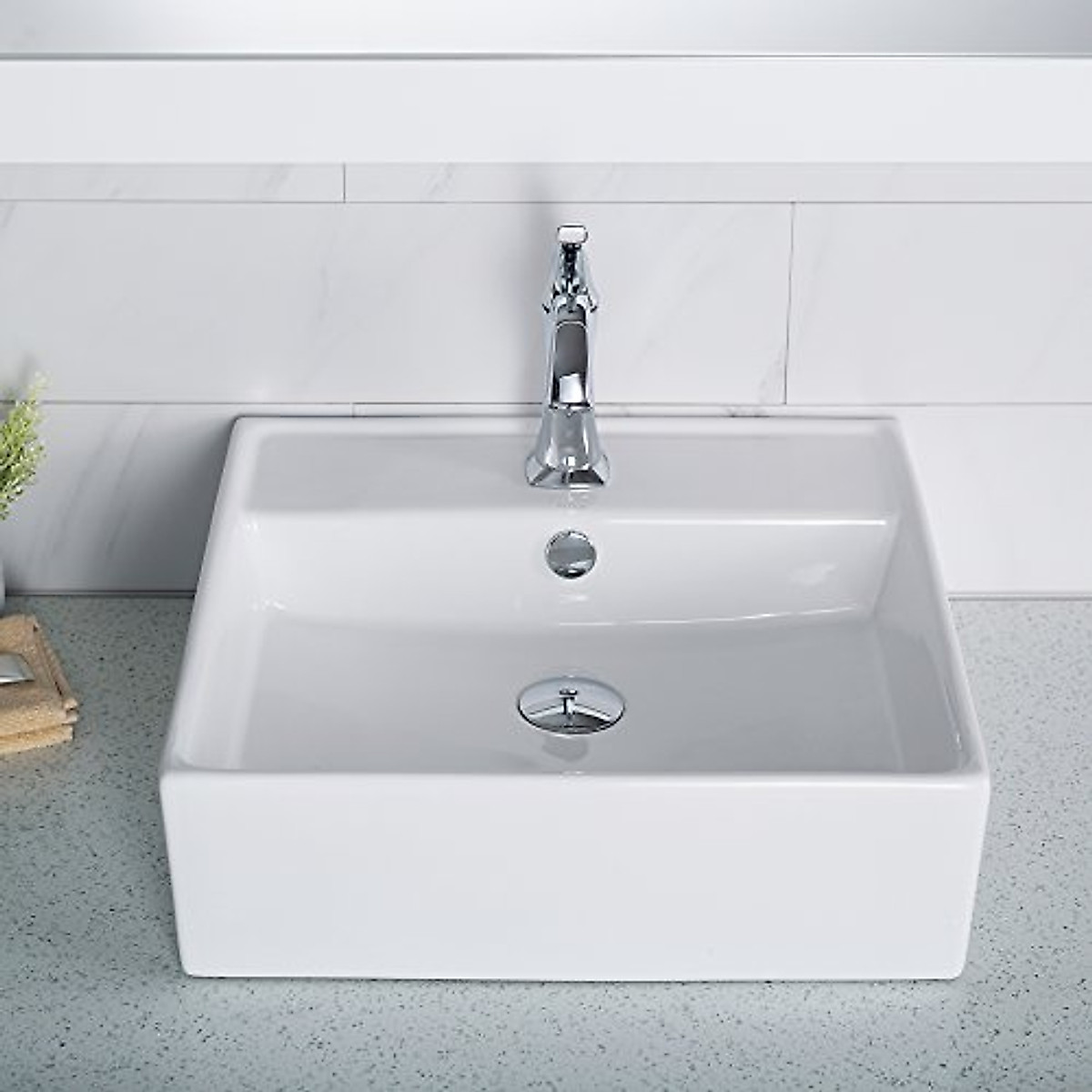 Kraus KCV-150 Elavo Square Vessel Porcelain Ceramic Bathroom Sink with Overflow, 18 1/2, 18.63, White