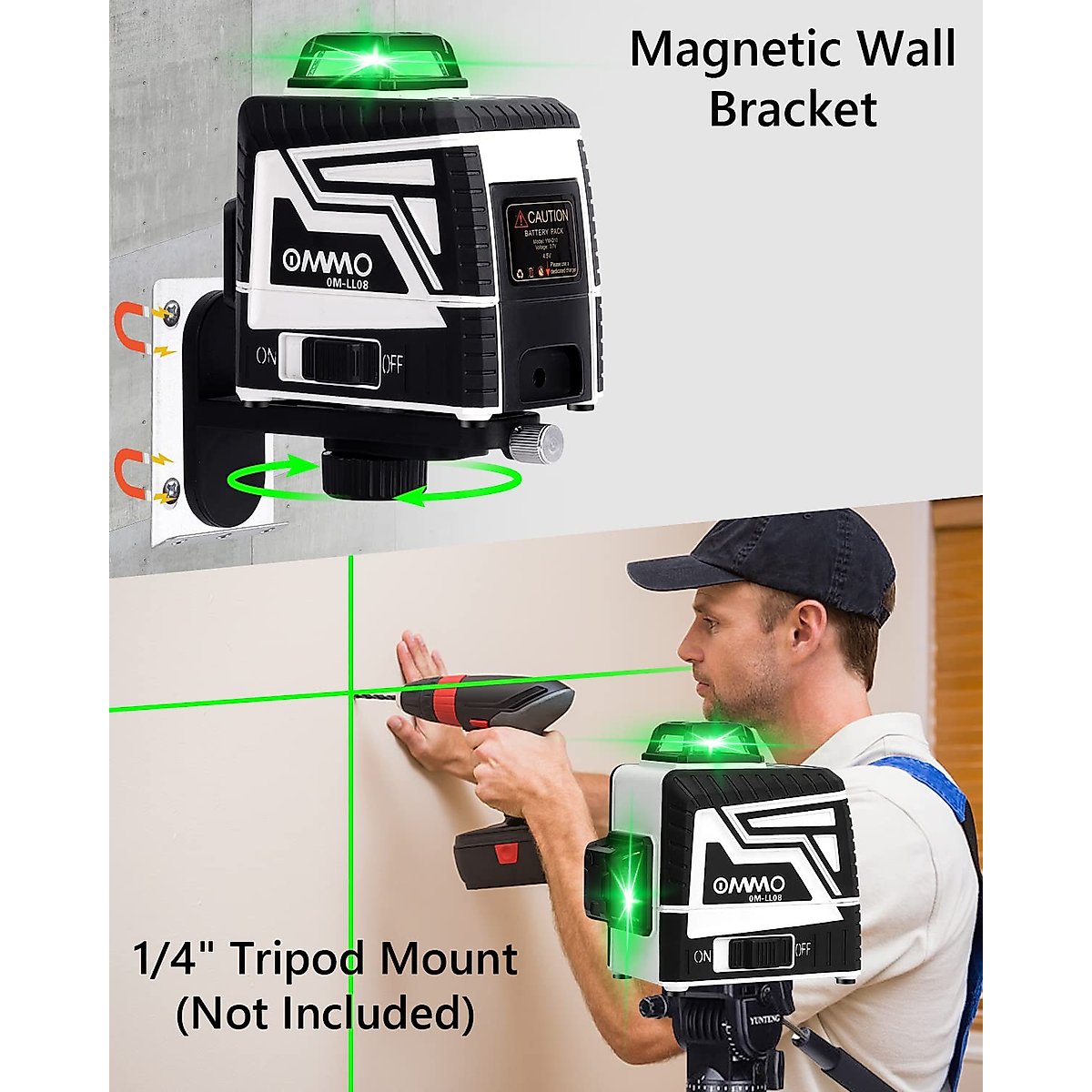 OMMO Laser Level, 8 Lines Green Laser Level Self Leveling Tool, 2 x 360° Green Cross Lines Laser Beams, 150 ft Laser Level with One Horizontal and One Vertical Line for Construction Picture Hanging