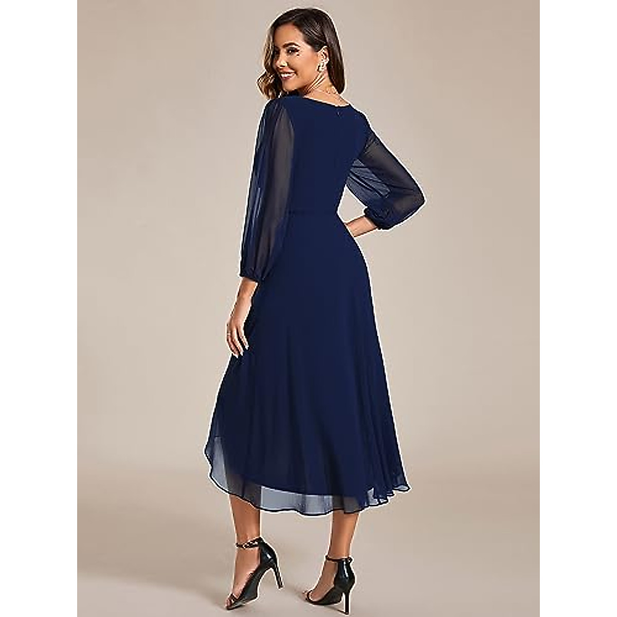 Ever-Pretty Women's Chiffon Spring V Neck Long Sleeves Pleated A-Line Midi Length Wedding Guest Dress Navy Blue US12