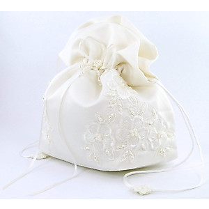Satin Bridal Wedding Small Money Bag with Pearl-Embellished Floral Lace for Dollar Dance, Bridal Purse, and Other Special Occasions #E1DEDBiv (IVORY)