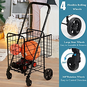 IRONMAX Grocery Shopping Cart, Foldable Heavy Duty Utility Cart w/Adjustable Handle, Extra Basket & 360° Rolling Swivel Wheels, Lightweight Trolley Cart for Grocery Laundry Luggage (Black)