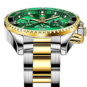 OLEVS Mens Watches Green Chronograph Luxury Dress Moon Phase Quartz Stainless Steel Waterproof Luminous Business Calendar Wrist Watch