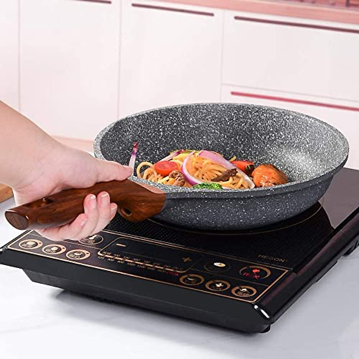 Caannasweis 9.5 Inch with Lid Nonstick Frying Pan Skillet Induction Compatible Stone Cookware Chef's Pan Healthy Egg Omelette Pan PFOA Free