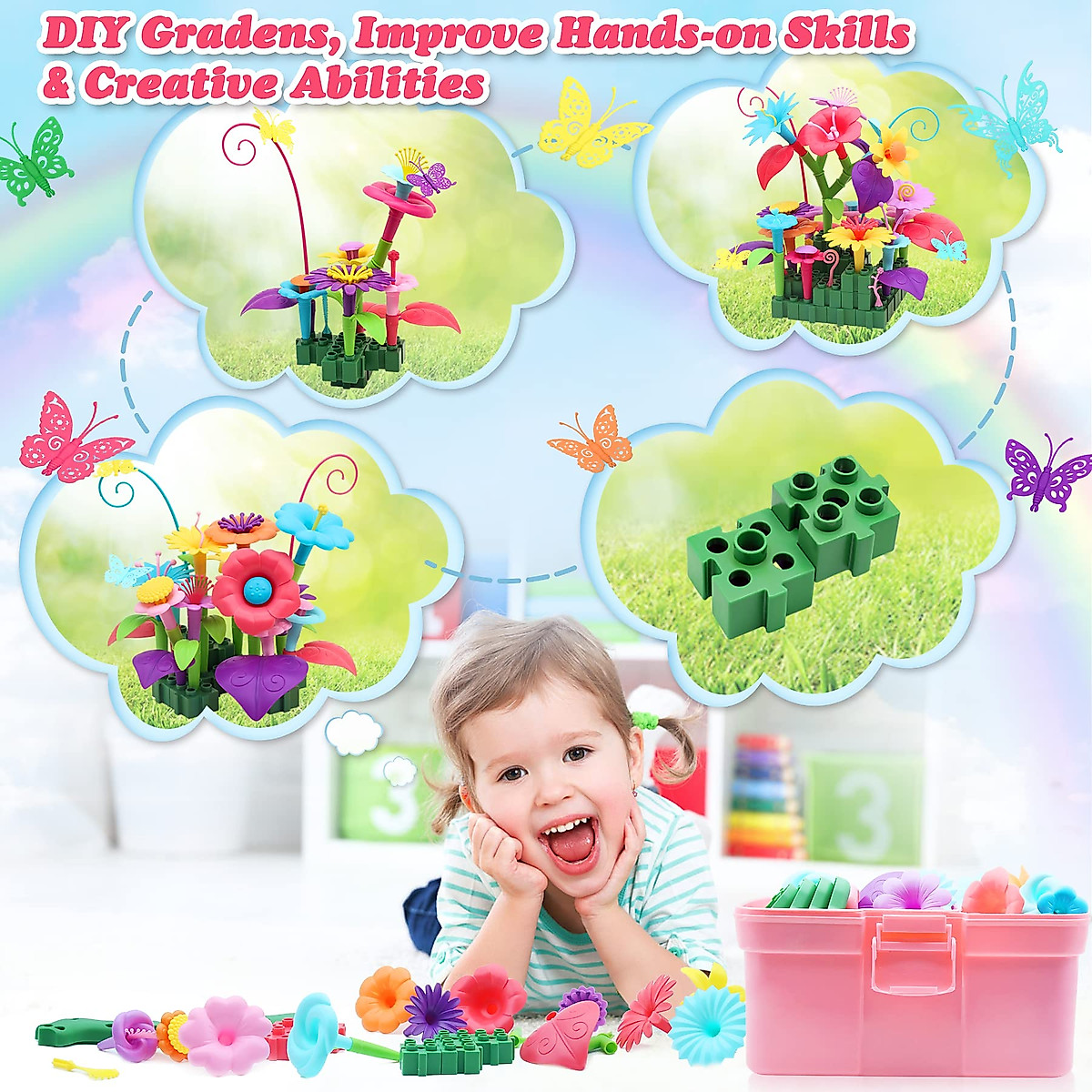 Soinsfac Flower Garden Building Toys, Updated 166pcs Educational Toys for 3-6 Year Old Toddler Toys for Girls Boys Gifts, Kids Gardening Set Learning Game Toys Activity Stem Toys Gifts for Birthday