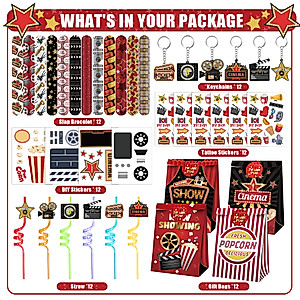 Movie Night Party Favors 72 PCS Movie Theater Slap Bracelets Temporary Tattoos DIY Stickers Keychains Plastic Straws Gift Bags for Kids Movie Night Carzy Birthday Party Gift Baby Shower Goodie Bag Fillers Movie Party Supplies