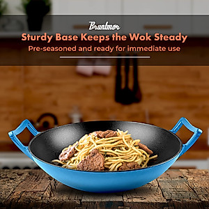 Bruntmor 14 Inch Blue Enameled Cast Iron Wok/Pot - Nonstick Skillet Pan with Large Loop Handles for Versatile Cooking - Oven Safe & Electric Stovetop Compatible - Indoor and Outdoor Culinary Essential