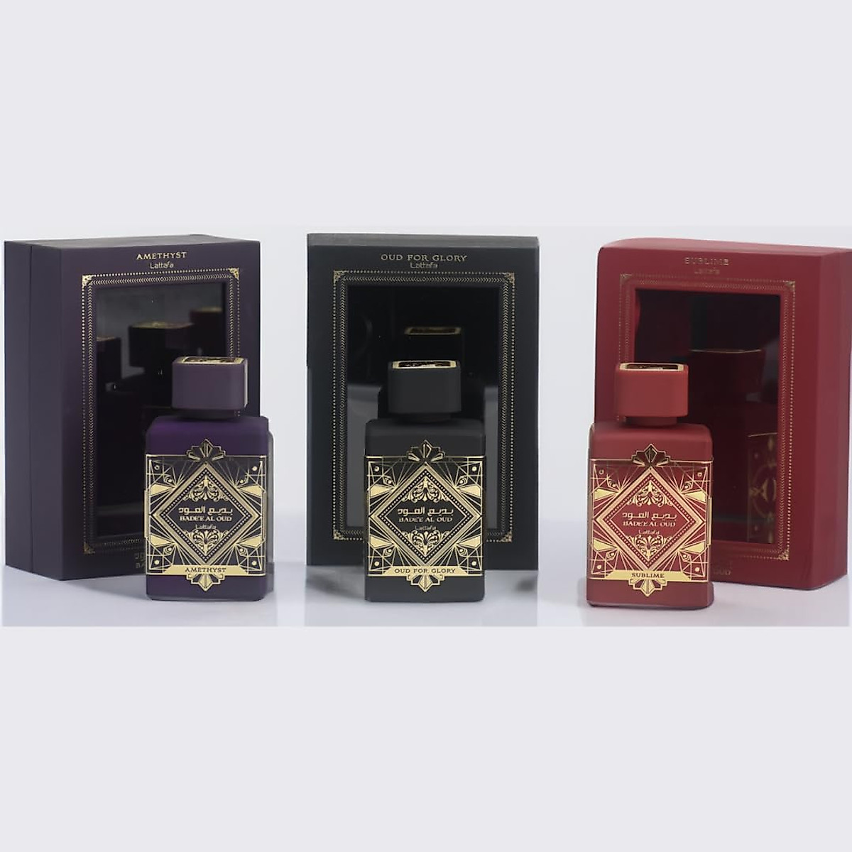 Lattafa Perfumes Bade'e Al Oud for Unisex 3 Piece Eau de Parfum Gift Set (Oud For Glory + Amethyst + Sublime) 3.4 Ounce/100 ml each