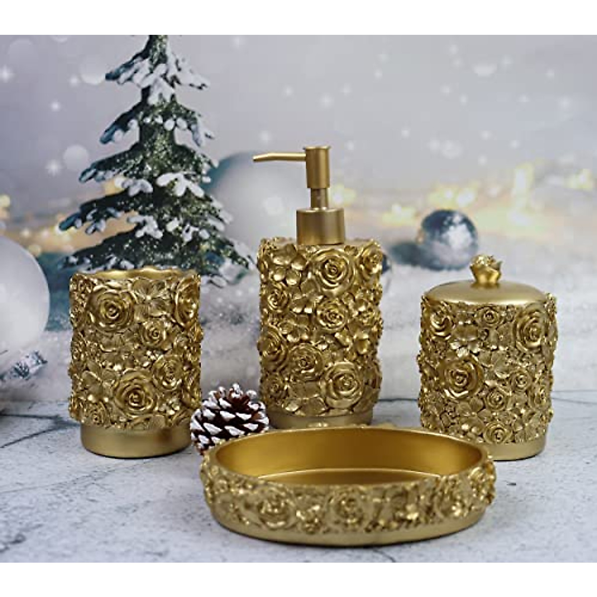 Hymmah Gold Bathroom Accessories Set,Rose Design Bathroom Set,Farmhouse Bathroom Decor,4 Pcs Resin Gift Set Apartment Necessities, Contain Cotton Swab Jar,Soap Dispenser,Soap Dish,Tumbler Gold