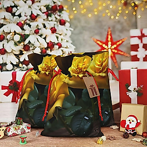RLDOBOFE Christmas Gift Bags With Drawstring Beautiful yellow roses Christmas Burlap Gift Bag Christmas Drawstring Bag for Halloween Xmas Candy Bags Reusable Xmas Present Bags for Party Decorations