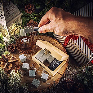 Luxury Whiskey Stones Gift Set - Set of 9 Whiskey Rocks - Reusable Ice Cubes for Drinks - Great Whiskey Gift for Man - Handcrafted Whisky Stones Set - Chilling Stones + Ice Tongs + 2 Classy Coasters