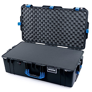 Pelican Color Case Black Pelican 1615 Air case with Blue Handles & latches. Comes with Foam & with Wheels.