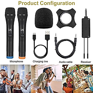 ALPOWL Wireless Microphone, UHF Dual Cordless Dynamic Mic System,Handheld Karaoke Microphone with Rechargeable Receiver(Auto Connect,200 ft Range) for Singing, Church, Speech, Wedding, Party