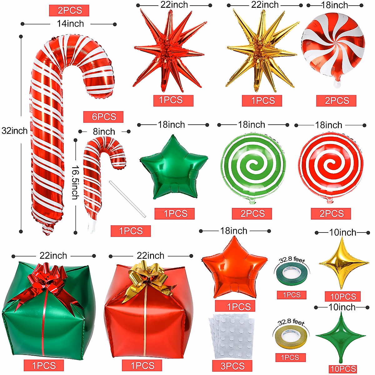 46Pcs Merry Christmas Balloons, Xmas Party Supplies Birthday Decorations, Christmas Candy Foil Balloons Garland Arch Kit, Cane Swirl Mylar Candies Balloons, Winter New Year Holiday Party