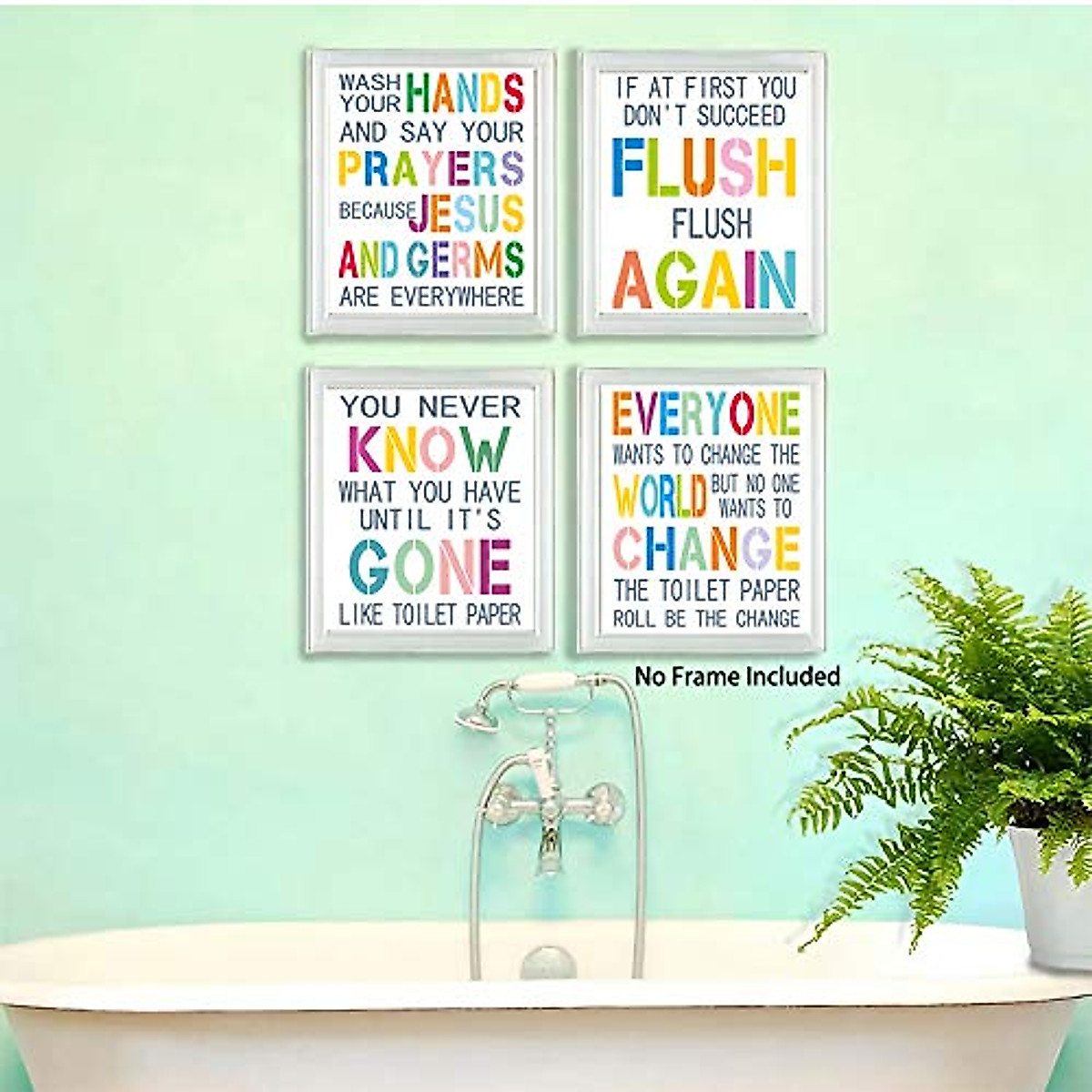 KAIRNE Funny Bathroom Quote Art Print, Set of 4 (8X10, Unframed) Colorful Inspirational Words Painting,Bathroom,Toilet,Washroom Rule Canvas Wall Art