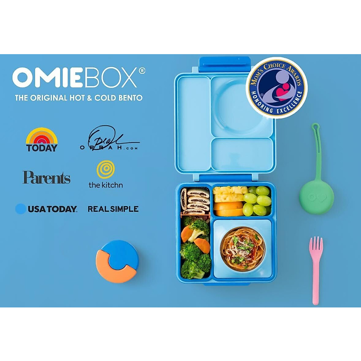 OmieBox Bento Box for Kids - Insulated Lunch Box with Leak Proof Thermos Food Jar - 3 Compartments, Two Temperature Zones (Sky Blue) (Single) (Packaging May Vary)