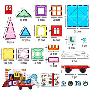 MagHub Magnetic Tiles 85 PCS Magnetic Blocks for Kids, 3D Magnetic Building Blocks, Magnetic Stacking Toys Construction Kit,STEM Toys Gift for Toddlers Children Boys Girls Ages 3 4 5 6 7 8+ Year Old