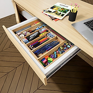 Expandable Bamboo Organizer 8 Compartment 2 Piece Set - Bamboo Drawer Dividers Organizer - Adjustable Drawer Holder for Kitchen, Silverware, Flatware, Living Room and Utensils (Black and Natural)