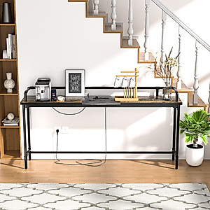 VECELO 55 Inch Console/Sofa Table with Charging Station&Power Outlet, Narrow Industrial Behind Couch, for Entryway, Hallway, Living Room, Foyer, 55inches, Grey Oak