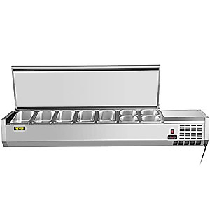 VEVOR Refrigerated Condiment Prep Station, 71-Inch, 19.8Qt Sandwich/Salad Prep Table with 5 1/3 Pans & 4 1/6 Pans, 150W Salad Bar with 304 Stainless Body and Cover Temp Adjuster One-Click Defrosting
