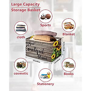 Cube Storage Bins Cloth Towel Organizer Thankful Grateful Blessed Thanksgiving Sunflower Farmhouse Rustic Wooden Fabric Collapsible Storage Baskets with Handles 1 Pack