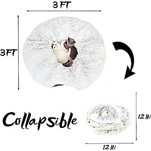 LUCKITTY Warm Fluffy Plush Cat Dog Tunnel Bed with Washable Cushion-Big Tube Playground Toys 3 FT Diameter Longer Crinkle Collapsible 3 Way, for Indoor Cat Kitty Kitten Puppy Rabbit Ferret White