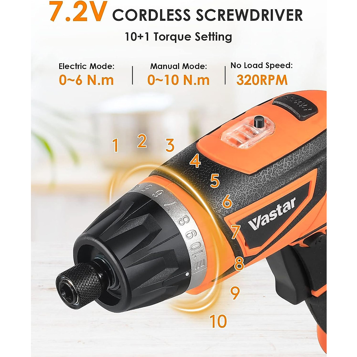 Vastar 7.2V Cordless Screwdriver, Electric Power Screwdriver Set With Rechargeable Battery & Pivoting Handle, 320RPM/10+1 Torque Small Automatic Screw driver Kit with 47Pcs Bits/LED Front Light