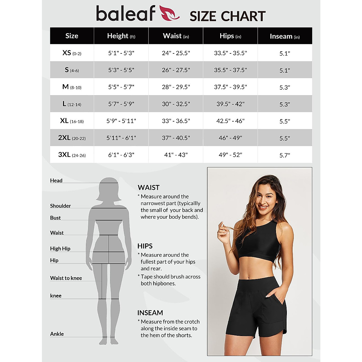 BALEAF Women's Swim Shorts Tummy Control Modest Swimsuits Bathing Suit Bottoms 5" Board Shorts Beach Trunks with Pockets Black XL
