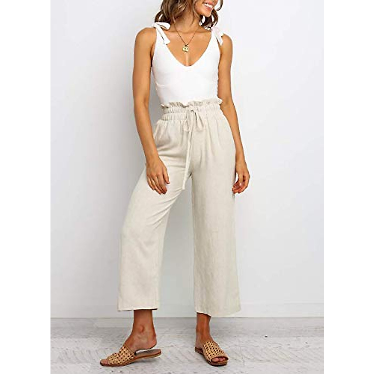 Dokotoo Womens Comfy Casual Loose Stretch Drawstring Tie Elastic Waist Solid Jogging Jogger Work Office Wide Leg Pants Sweatpants for Women with Pockets Khaki Medium